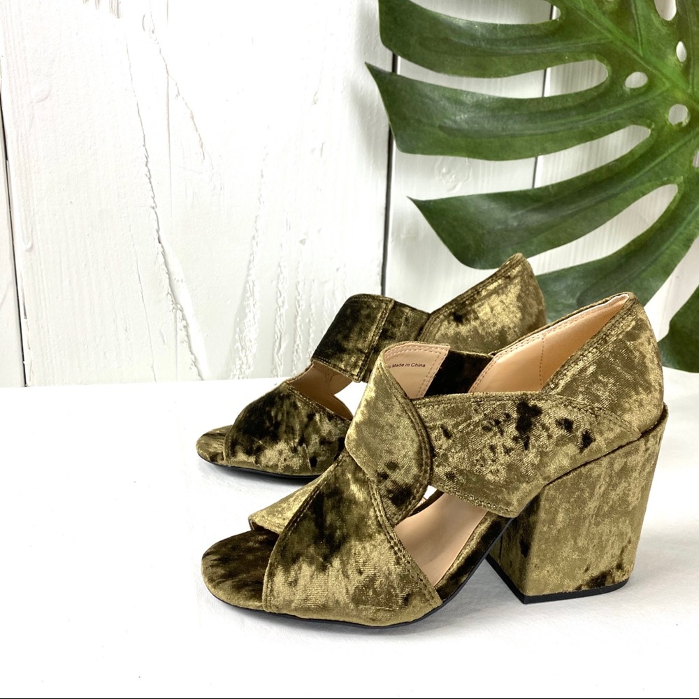 Cabi Crushed Velvet Olive Green Block Heel - Gem